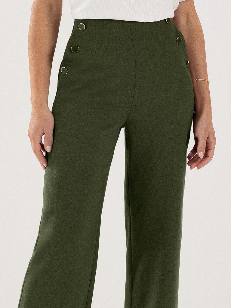 Calça Wide Leg de Linho com Botões de Resina Verde Musgo Keite