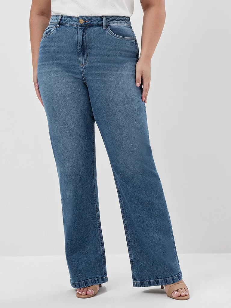 Calça Jeans Wide Leg Plus Size Azul Médio Selene