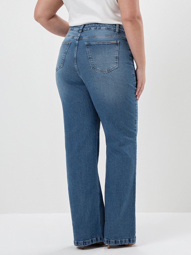 Calça Jeans Wide Leg Plus Size Azul Médio Selene