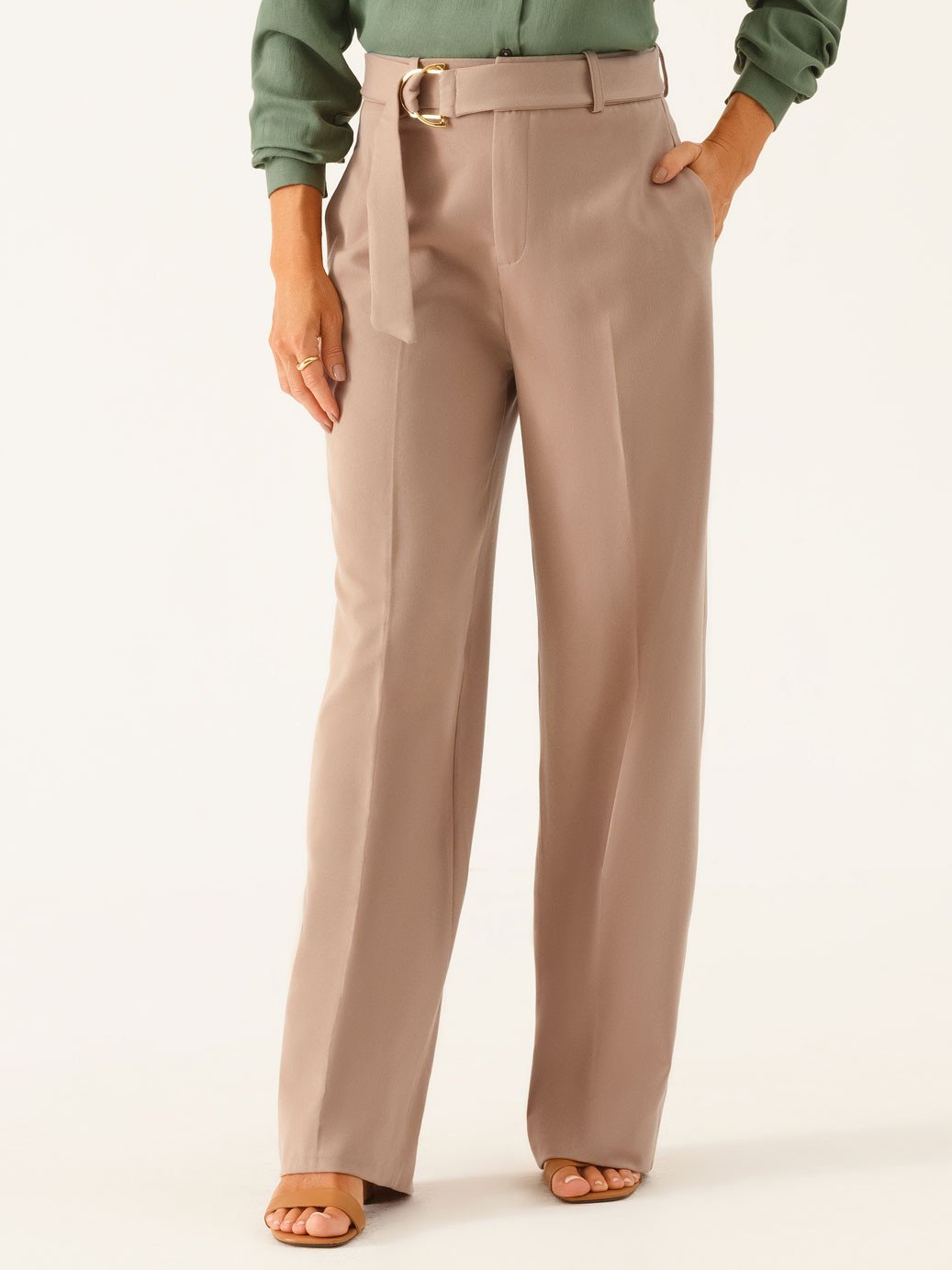 Calça Wide Leg de Alfaiataria em Viscose Mocha Mousse Angelica
