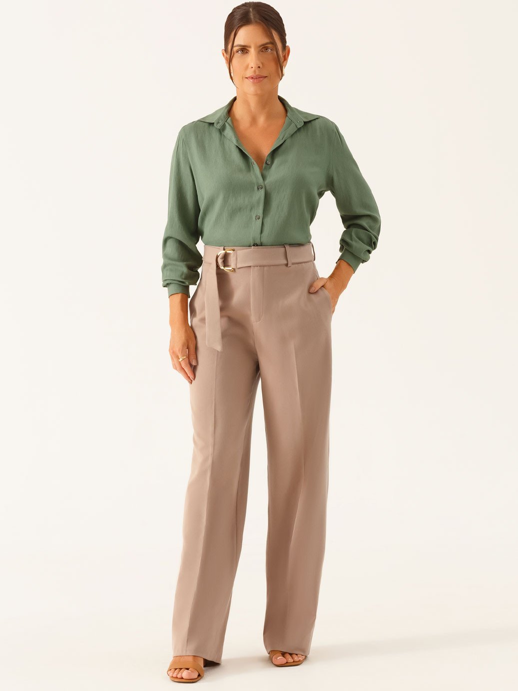 Calça Wide Leg de Alfaiataria em Viscose Mocha Mousse Angelica